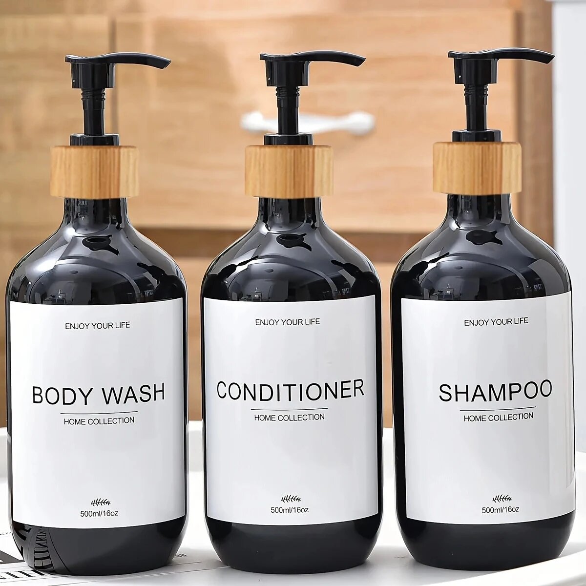 Набор дозаторов для ванной 500 мл, черный, Body Wash, Conditioner, Shampoo