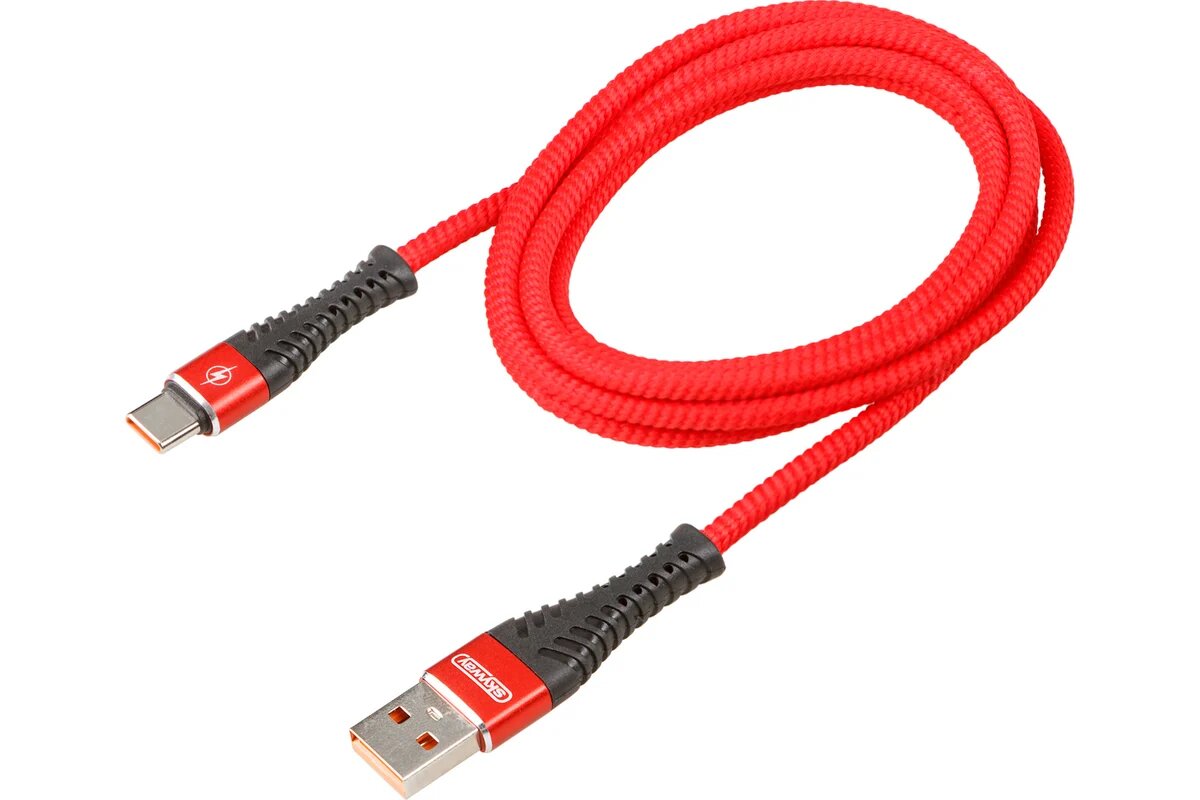 SKYWAY USB-C кабель 15W, мягкая оплетка, красный, 1,5м, S09603011 - зарядка и передача