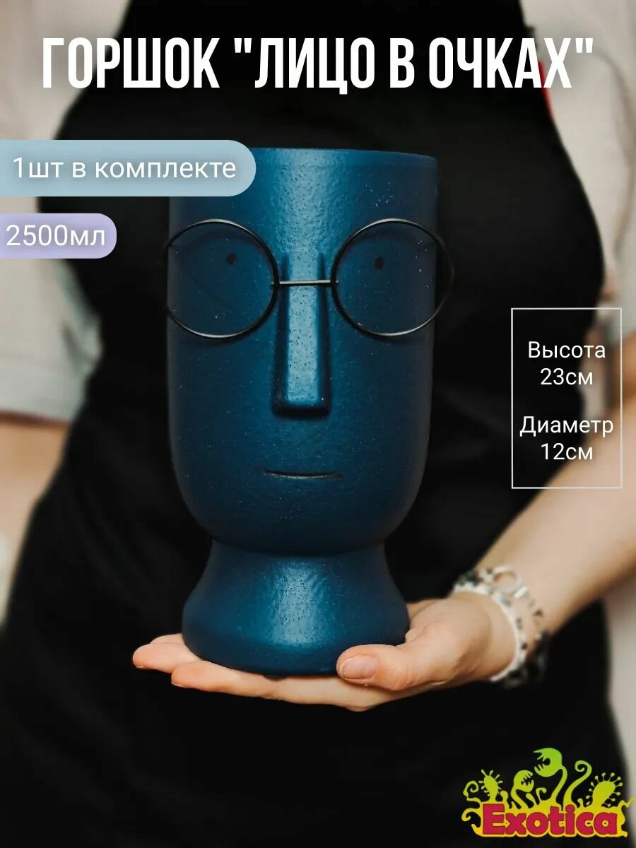 Горшок керамический синий "Лицо в очках" D12, V2,5л