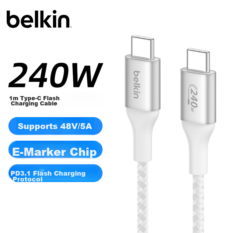 Belkin Dual Type-C Data Cable, 240W Fast Charging PD3.1 Charging Cable, 5A Fast Charging Cable, CtoC Power Cable, Apple MacBook 480Mbps Fast Transfer, 1 Meter White