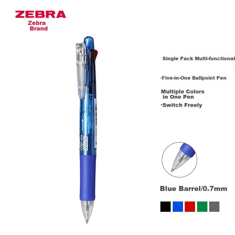 ZEBRA 5-in-1 Multicolor Pen (0.7mm Four-Color Ballpoint Pen + 0.5mm Mechanical Pencil) Black Blue Red Green Student Business Office Signature Pen B4SA1 Blue Barrel
