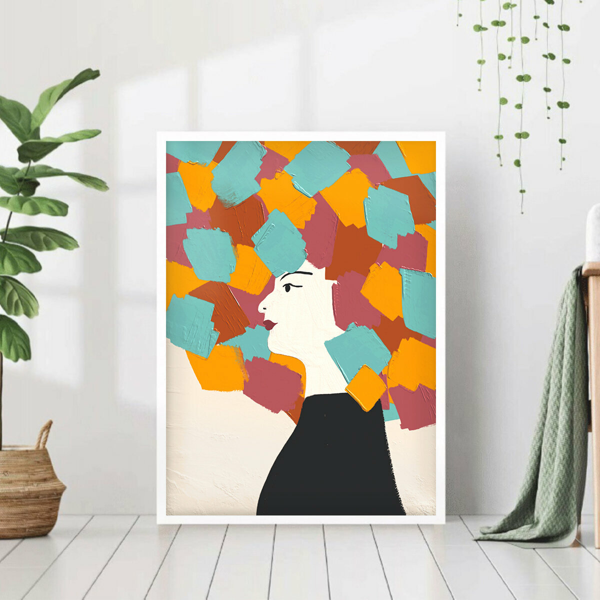 Постер "Девушка с цветными волосами мазки" в белой рамке 50х70 см для интерьера на стену