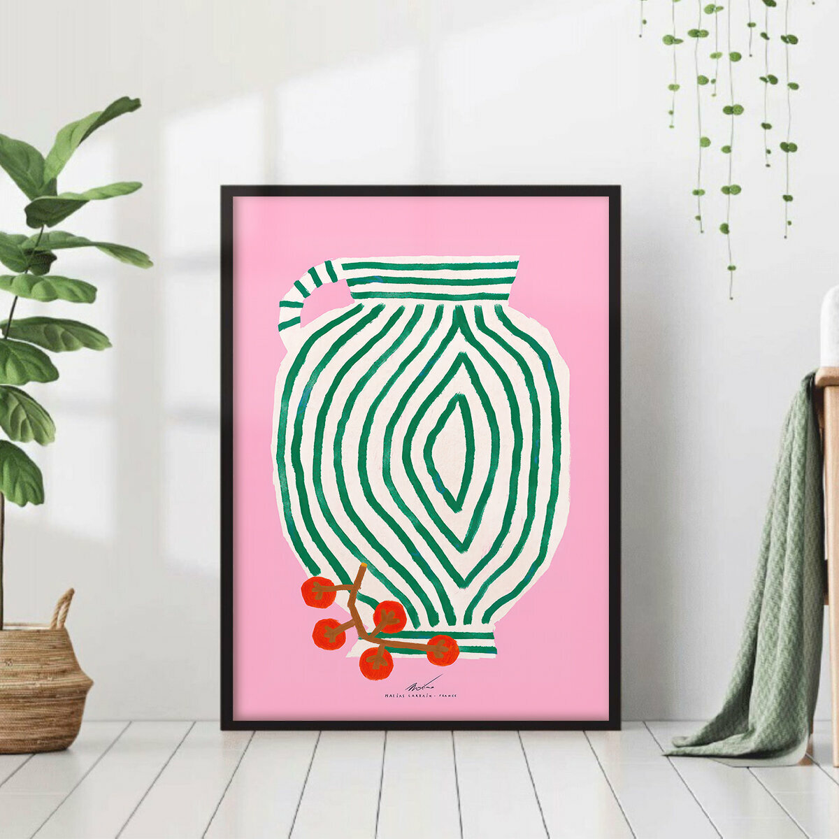 Постер "Яркий кувшин на розовом фоне" 50x70 в черной рамке для интерьера на стену
