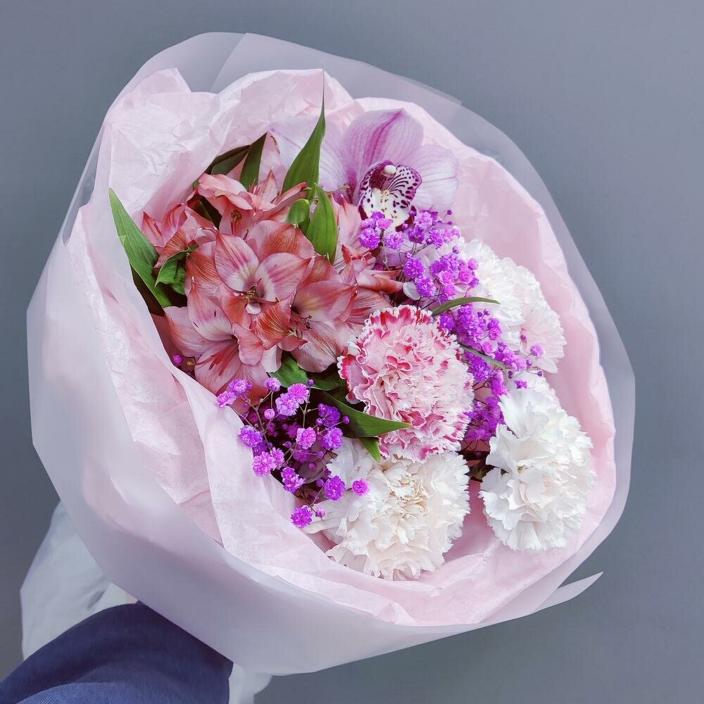 Сборный букет Цветочный ЛЕС Утренний рассвет, 50 см, белый/розовый/зеленый