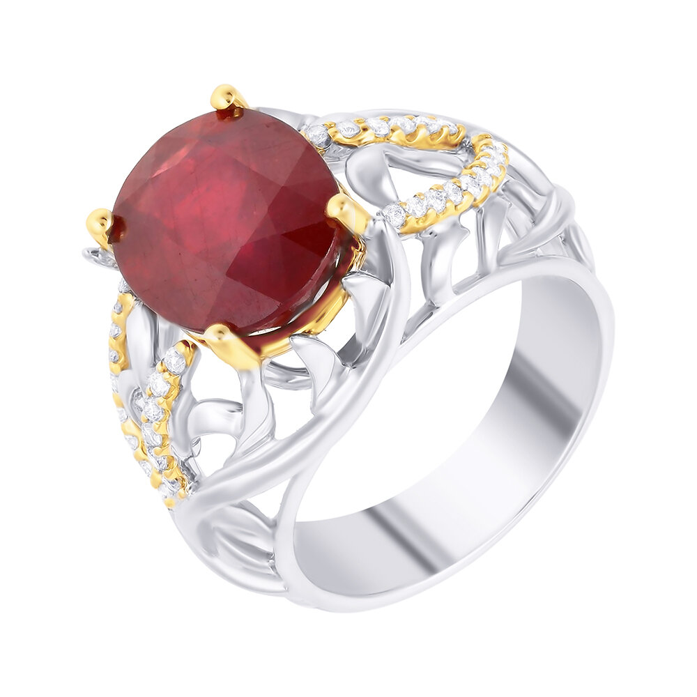 Кольцо, комбинированное золото, 750 проба, бриллиант, рубин