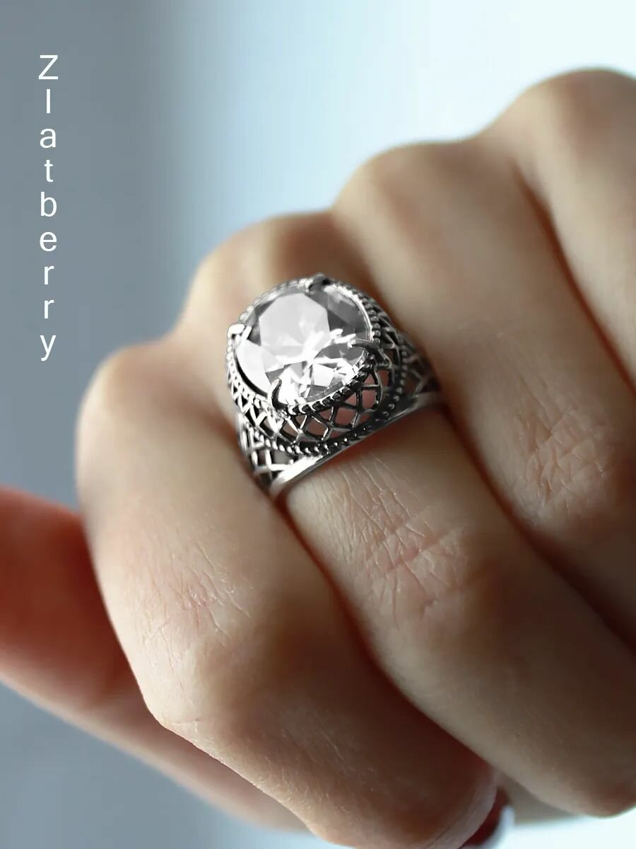 Перстень, серебро, 925 проба, оксидирование, фианит