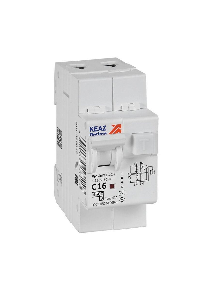 Выключатель автоматический дифференциального тока 2п с защитой от сверхтоков OptiDin D63-22C16-AC-У3 C16 30мА 4.5кА КЭАЗ 328098