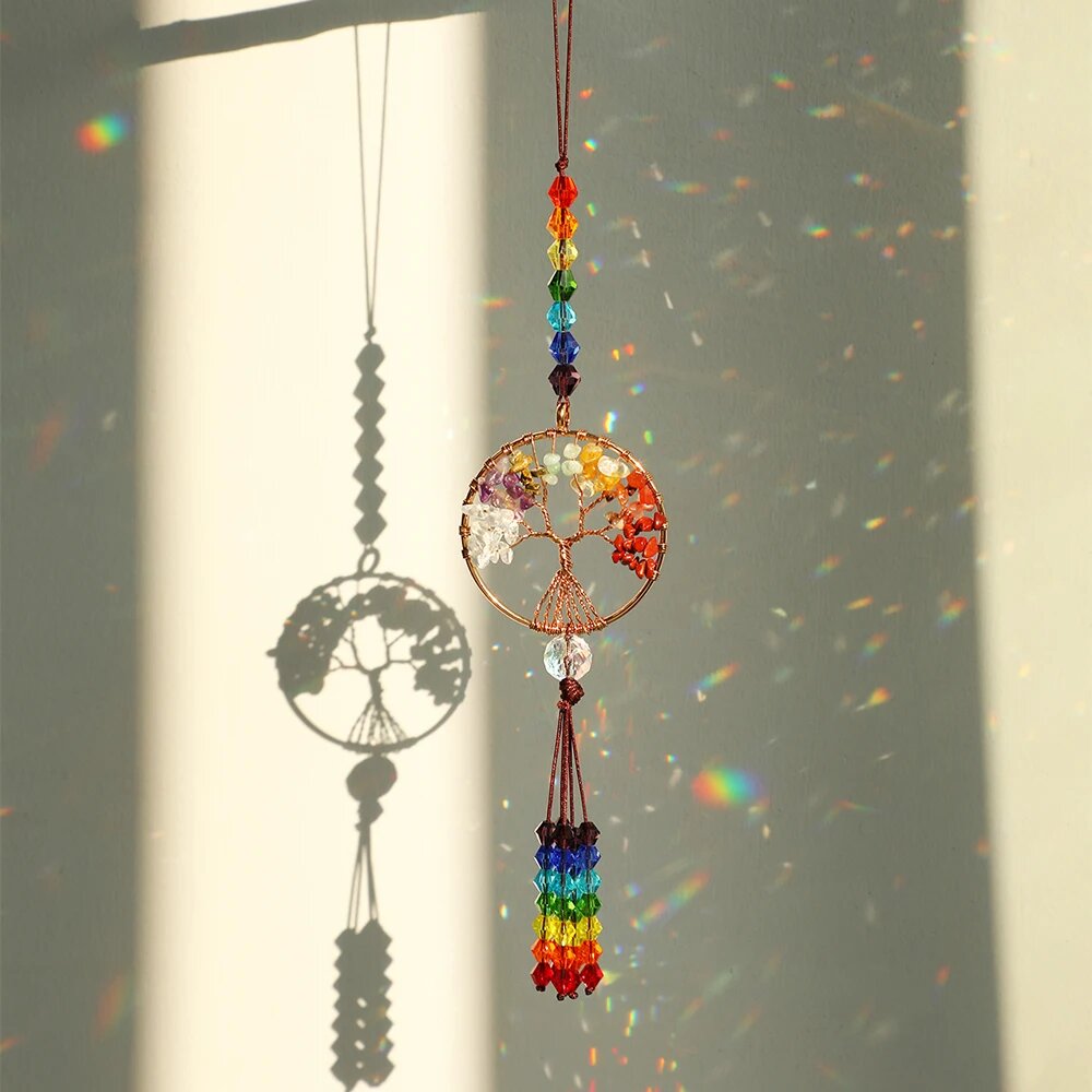 7 кристаллов чакры Древо жизни Ловец заживления радужных кристаллов Ловца солнца висячие украшения для окон домашний декор сада