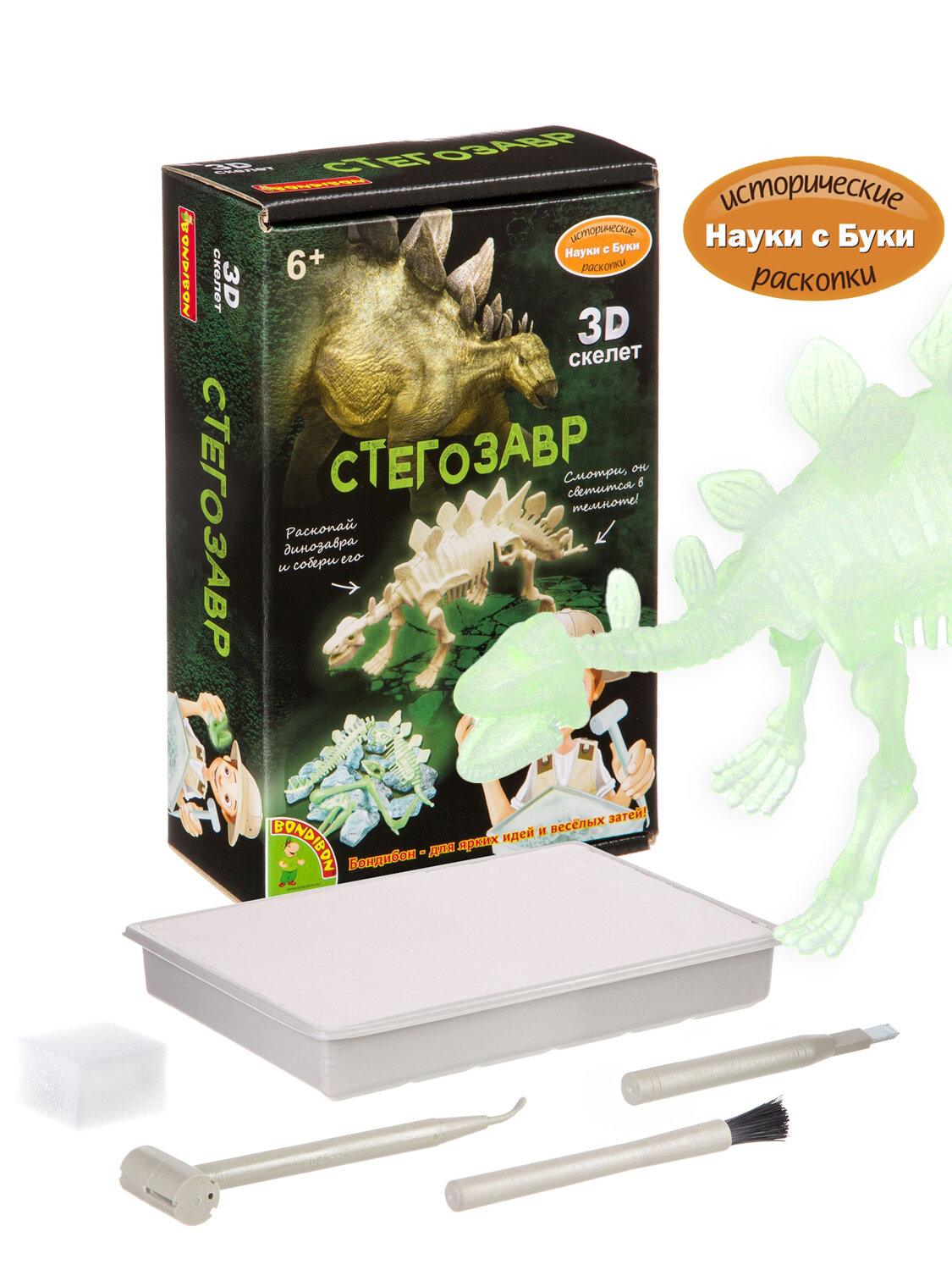 Исторические раскопки Науки с Буки Bondibon 3D / Стегозавр / Динозавры / Светится в темноте / Набор для опытов археология