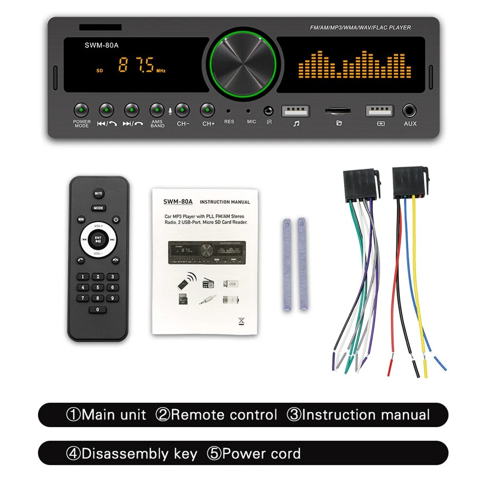 Автомагнитола 1DIN, мультимедийный плеер громкой связи, MP3, FM, AM, аудио, 12 В, вход USB/SD/AUX В приборную панель, автомобильное стерео, головное устройство, Standard Set