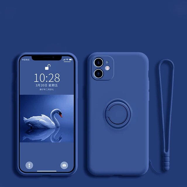 Чехол для iPhone 13 синий с кольцом и шнурком