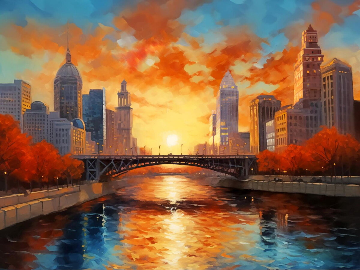 Мозаика алмазная 30х40см Закат над городом рыжий КОТ НД-6328