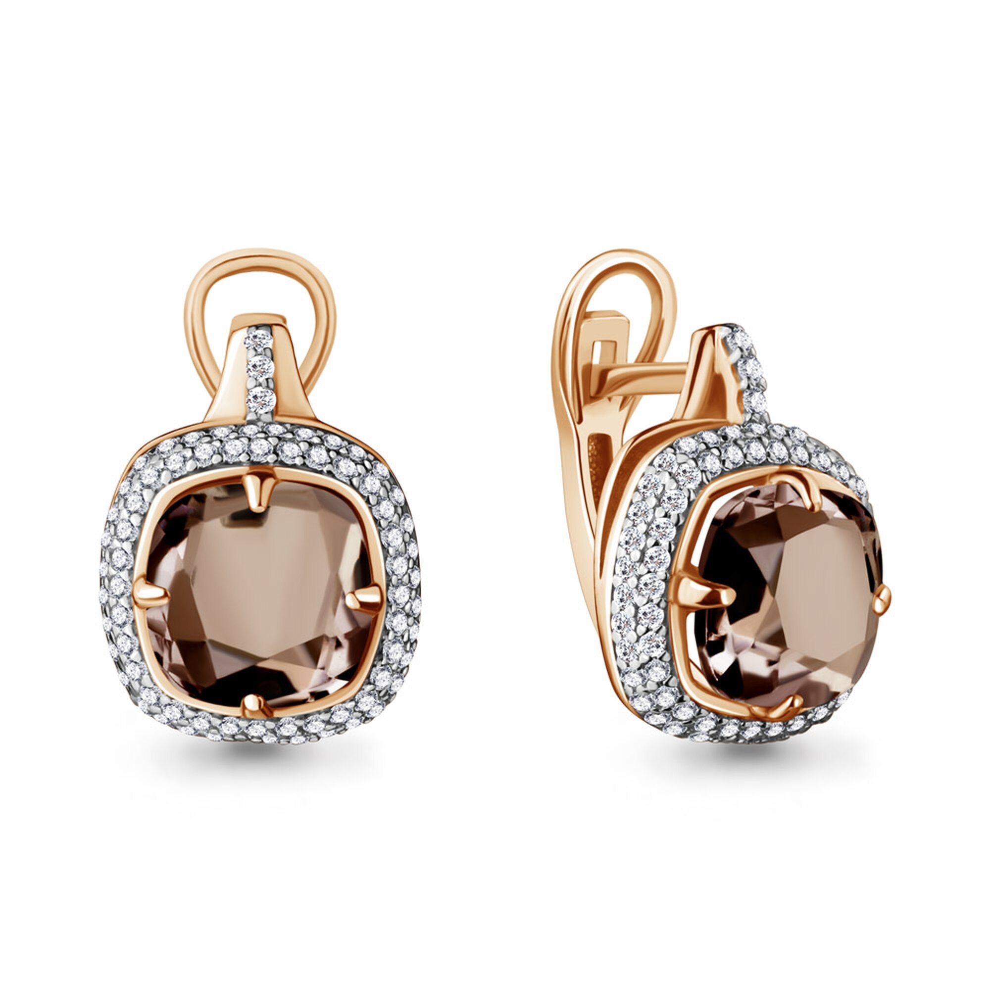 Серьги, серебро, 925 проба, золочение, фианит, кварц