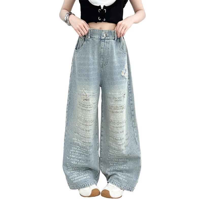 LI Mall Модные джинсы с надписями готические широкие брюки для девочек