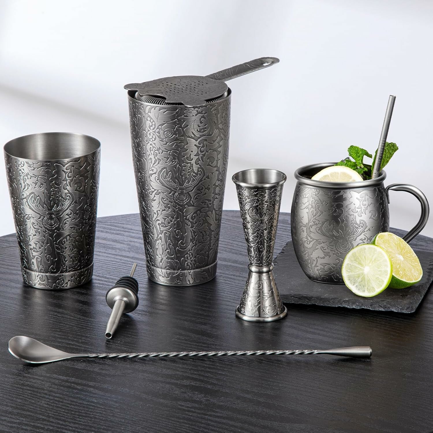 SKY FISH Набор шейкеров для коктейлей с 3-D гравировкой Boston Cocktail Shaker Set, 3D Embossed Design Bartender Set, 18 предметов - Space Grey