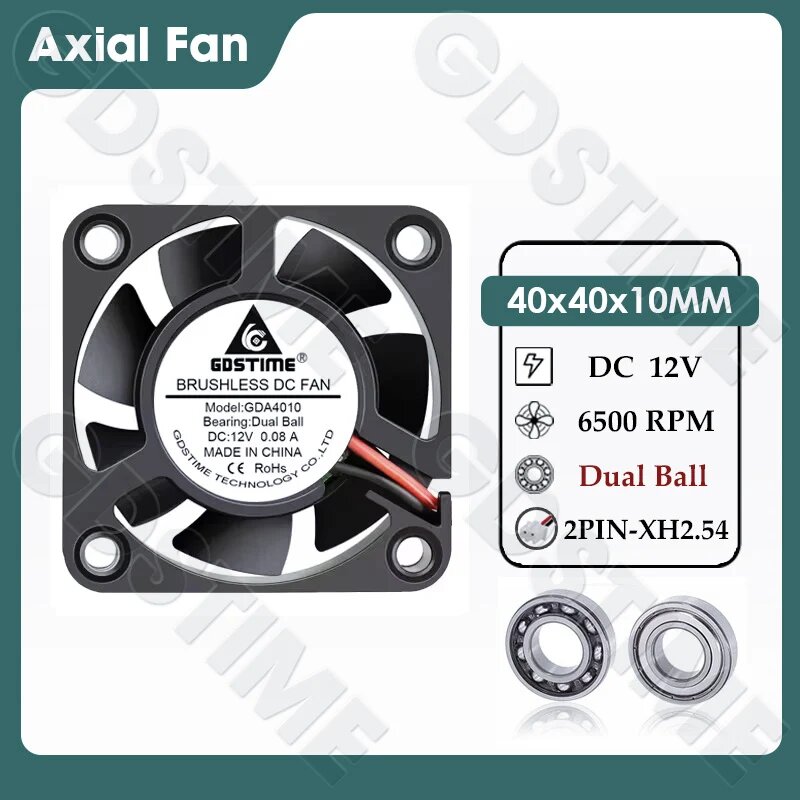 Gdstime 40 мм вентилятор для 3D принтера 1Pc 4010 Axial Fan, Dual Ball 12V 2P2.54