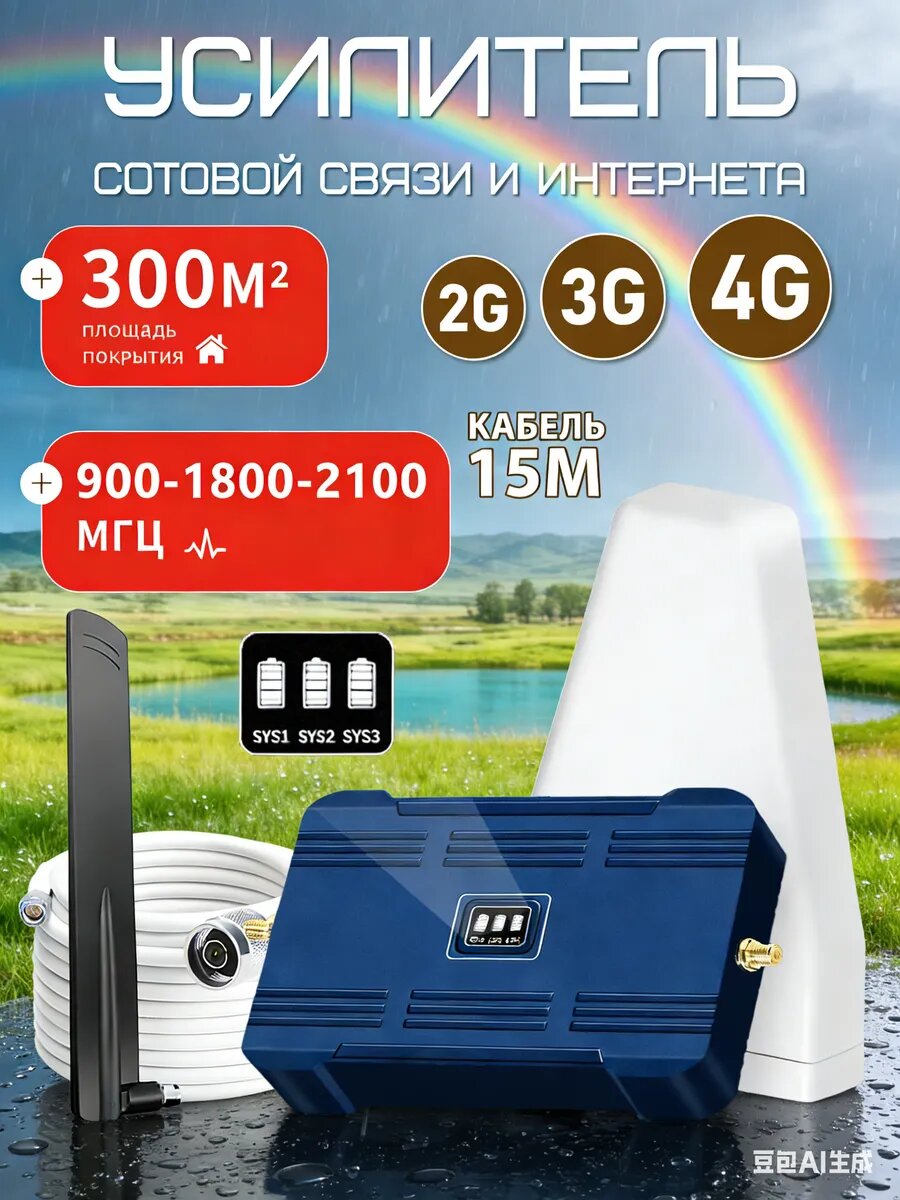 Усилитель сотовой связи 900/1800/2100 МГц (2G/3G/4G): до 70 км, направленный, синий, 1.3 кг