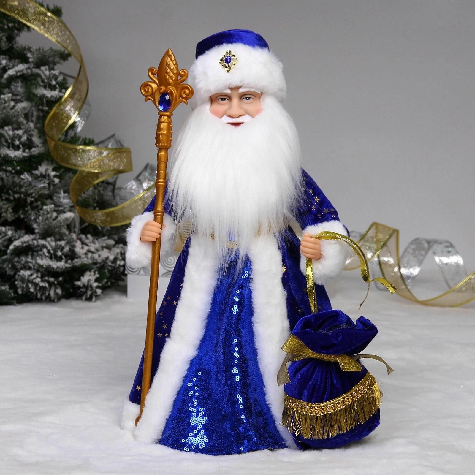 Фигурка новогодняя Серпантин Дед Мороз музыкальный, Таинственный снег, 40 см, синяя шубка