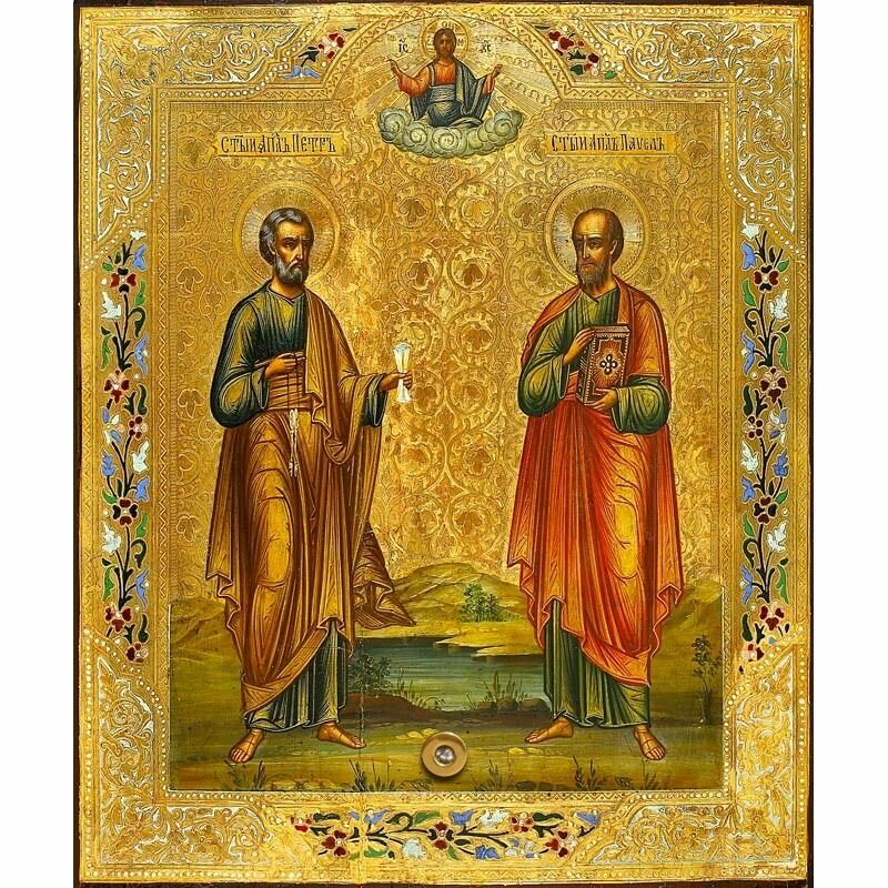 Петр и Павел Святые апостолы. Икона на доске с мощевиком.