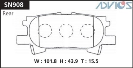 ADVICS SN908 Колодки TOYOTA Harrier 30/ Lexus RX350 (2003-2008) задние