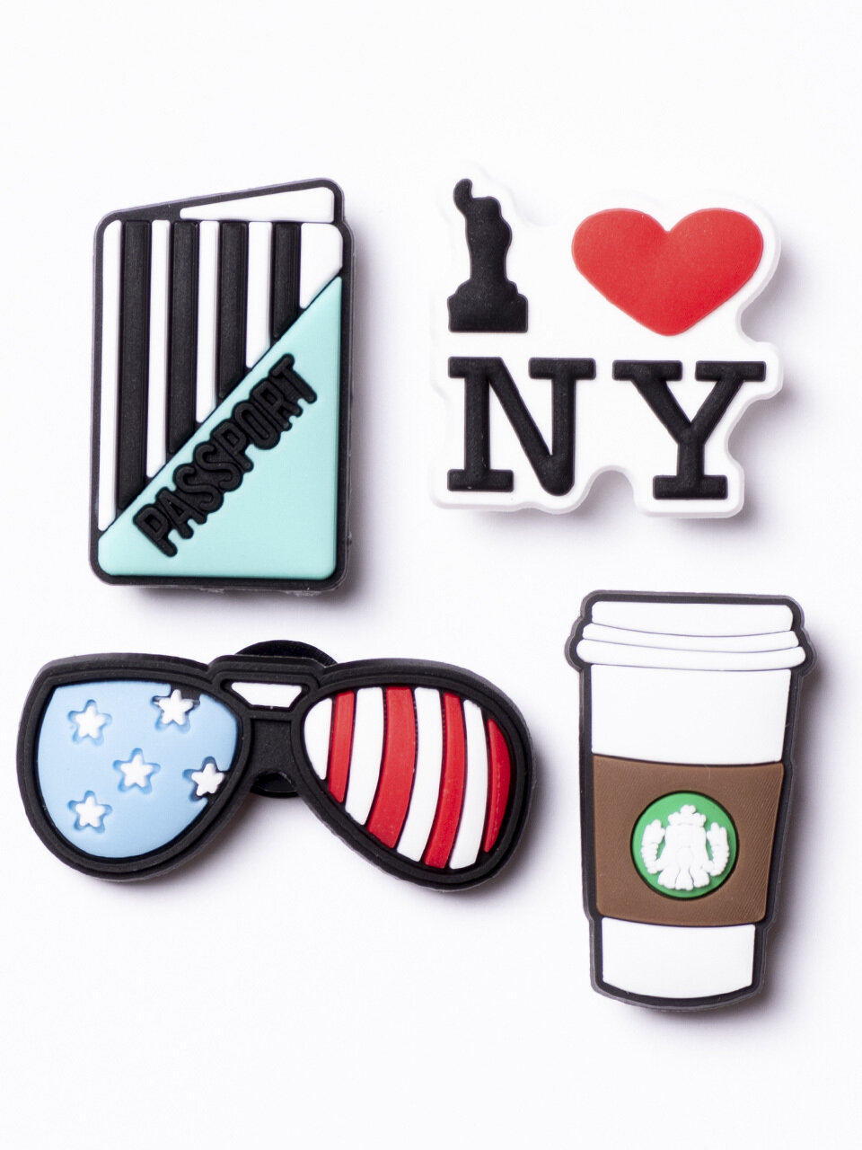 Джиббитсы , Клипсы для обуви Kuppinoski заграница паспорт США Америка кофе очки и статуя свободы