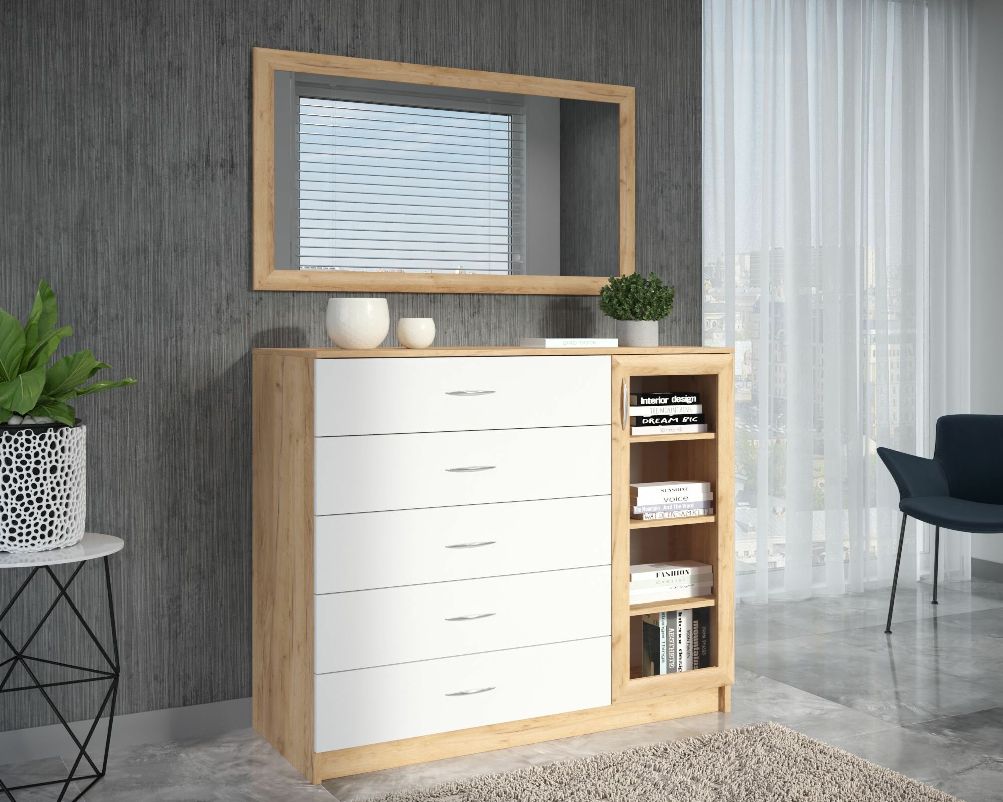 Комод "Фобос с зеркалом 3" 120х100х50, Дуб крафт золотой/Белый