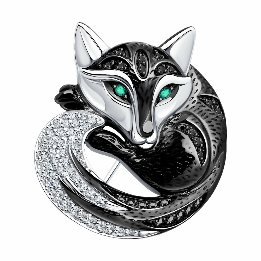 Брошь, белое золото, 585 проба, бриллиант, изумруд