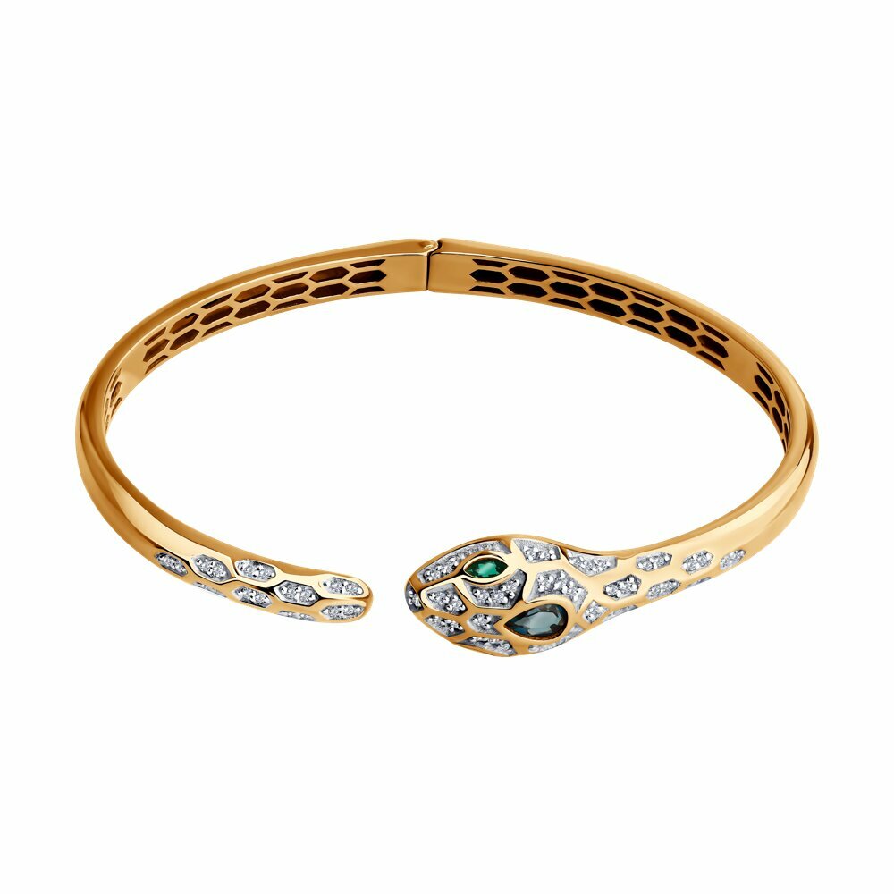 Браслет, красное золото, 585 проба, изумруд синтетический, фианит, топаз