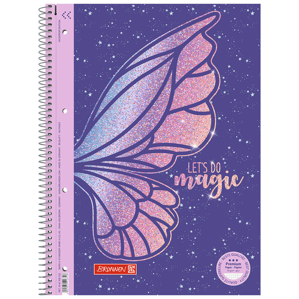 Тетрадь в клетку на пружине А4, Premium серия "Бабочки", микроперфорация, 90 гр/м2, 80 листов, Brunnen (пр-во Германия)