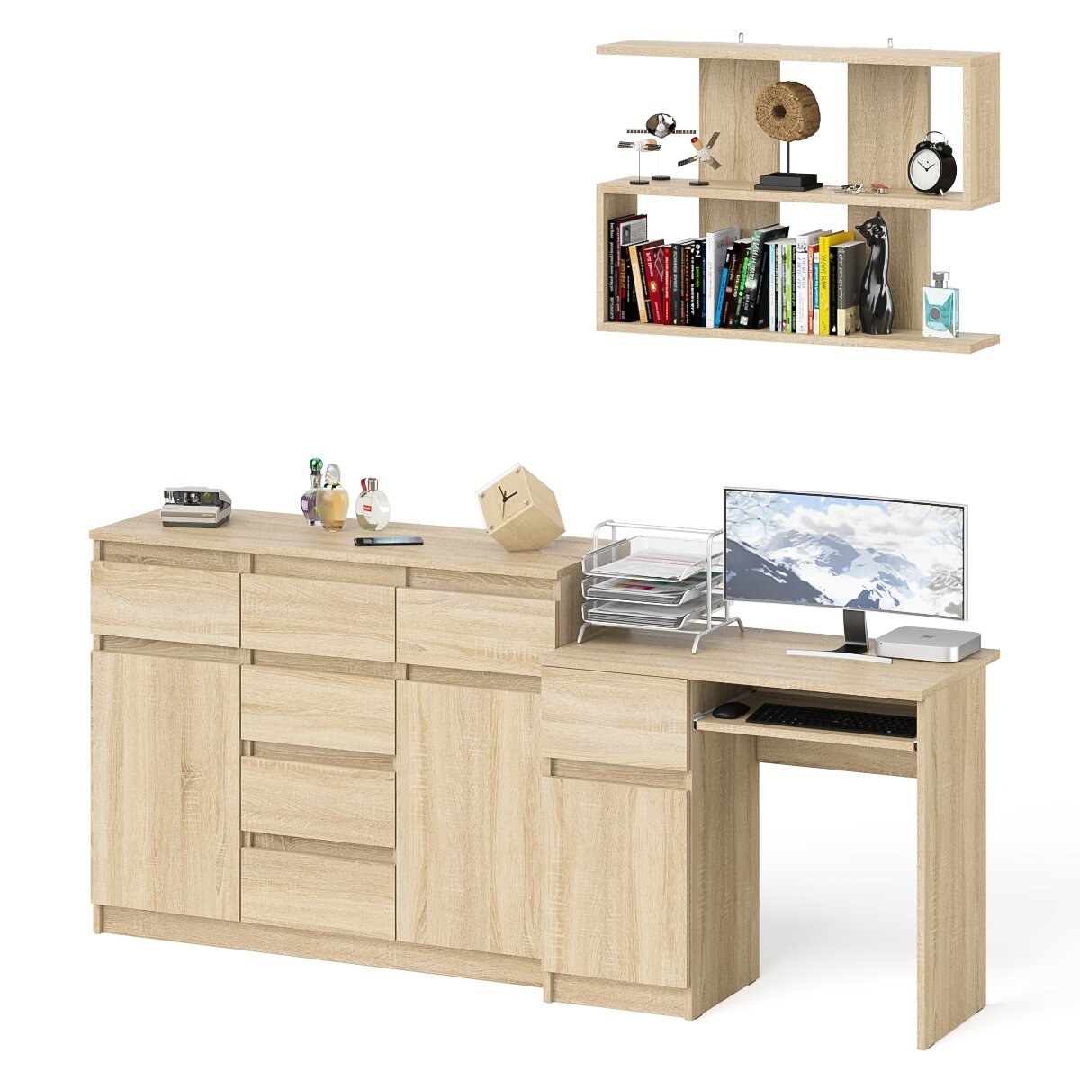 Навесная полка СВК Мори 900 со столом компьютерным левый и комодом цвет дуб сонома