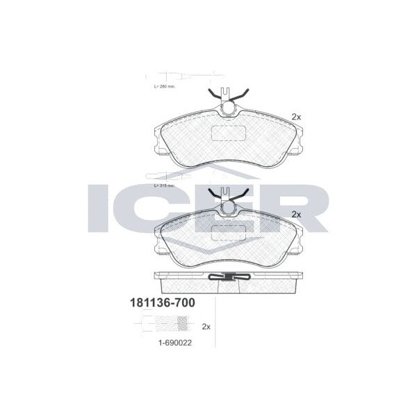 Колодки тормозные дисковые комплект Citroën Peugeot, ICER 181136-700 (1 шт.)