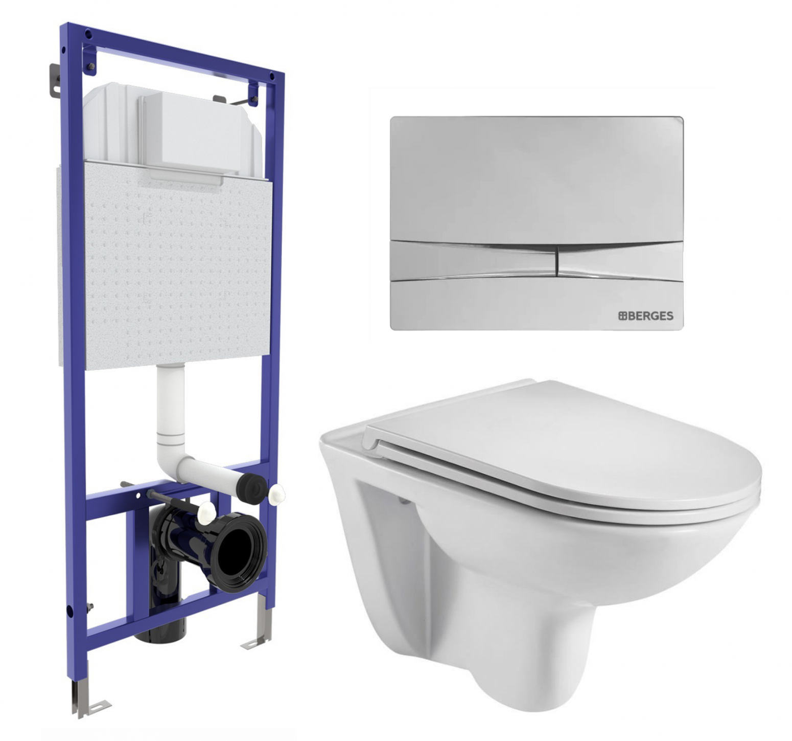 Комплект 3 в 1 инсталляция Berges Wasserhaus Novum 040253 + Подвесной унитаз WeltWasser Baarbach 004 GL-WT + кнопка хром