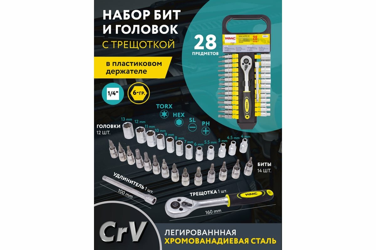 WMC TOOLS Набор торцевых головок и бит с трещоткой 1/4' 28 предметов WMC-2028-5(51204)
