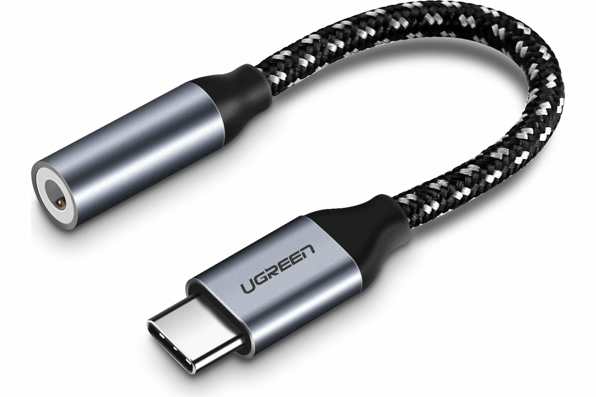 Ugreen Аудиоадаптер USB C - AUX Jack 3.5 мм f, в оплетке, цвет серо-черный, 10 см 30632