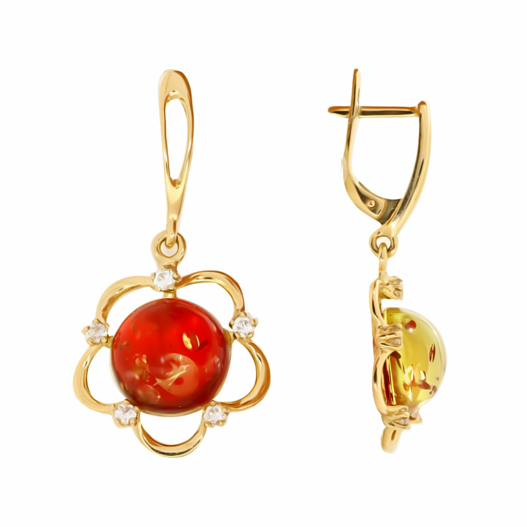 Серьги, красное золото, 585 проба, янтарь, фианит