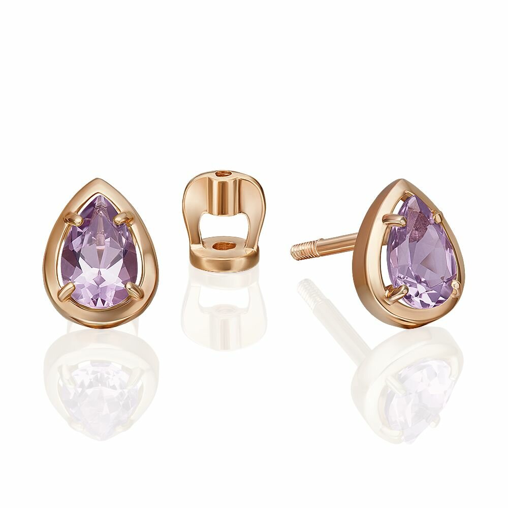 Серьги пусеты, красное золото, 585 проба, аметист