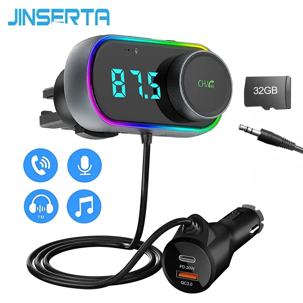 Bluetooth 5,0 FM-модулятор с цветным светом, беспроводной Автомобильный MP3-плеер с разъемом AUX TF, USB, музыкальный воспроизведение PD, 30 Вт, комплекты быстрой зарядки QC3.0