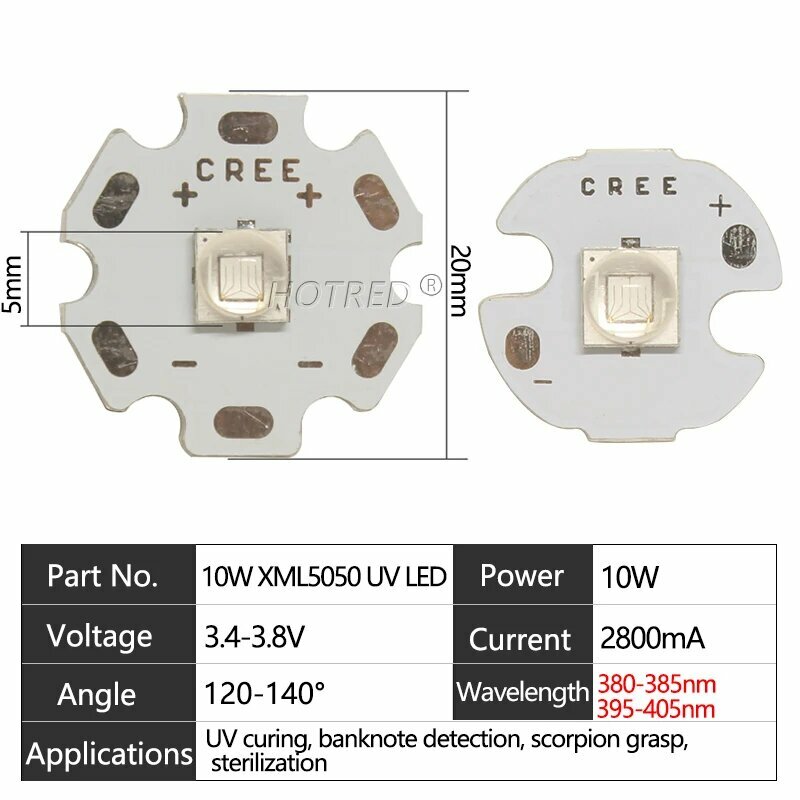 10W XML5050 UV LED, 3.4-3.8V, 20mm, 395-405nm