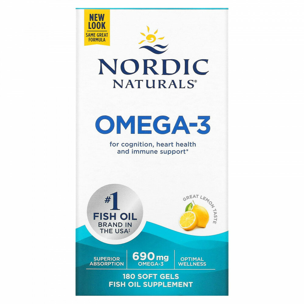 Nordic Naturals, омега-3, со вкусом лимона, 180 капсул (345 мг в 1 капсуле)
