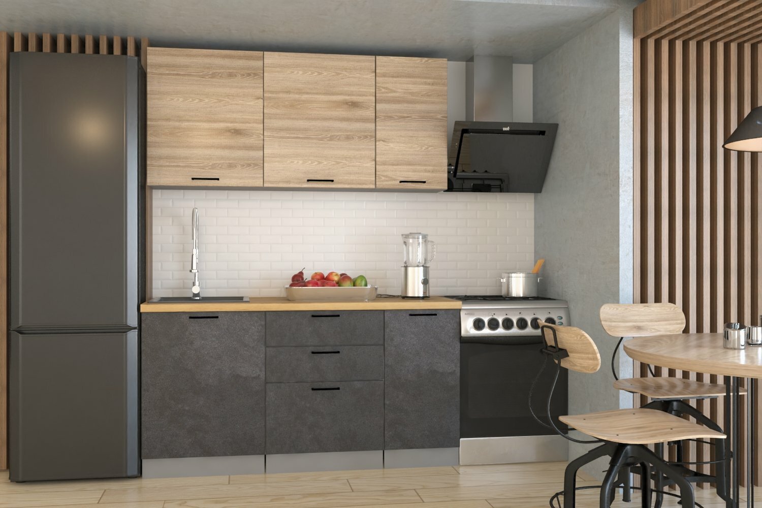 Кухонный гарнитур Лофт, длина 1600 мм, фасады МДФ Рустик/Бетон
