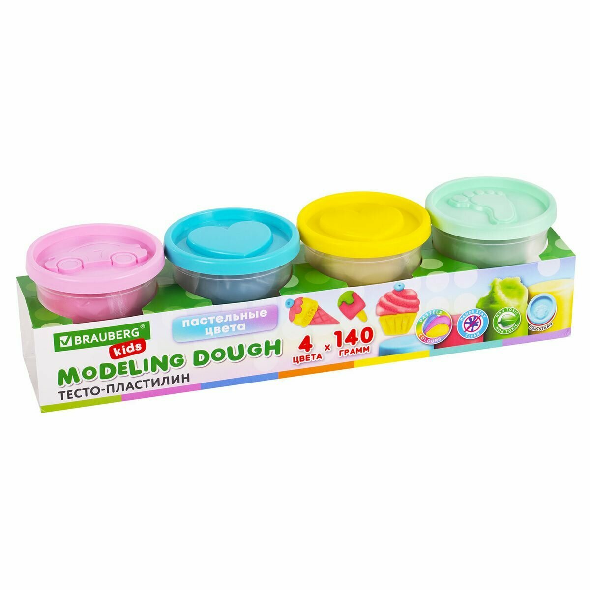 Пластилин-тесто для лепки Brauberg Kids, 4 цвета, 560г, пастельные цвета, крышки-штампики (106717), 15 уп.