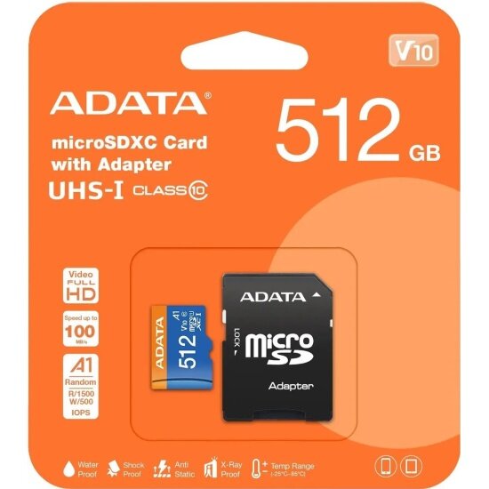 Карта памяти Adata micro SDXC 512Gb Premier UHS-I U3 V10 A1 + ADP (100/25) Mb/s