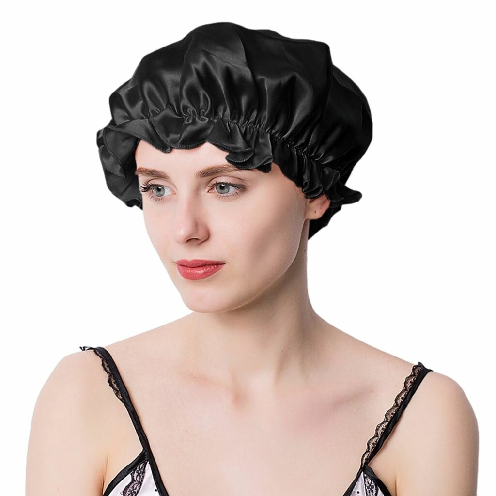 (1) Шелковая спальная шапочка для ухода за волосами - XL - черный