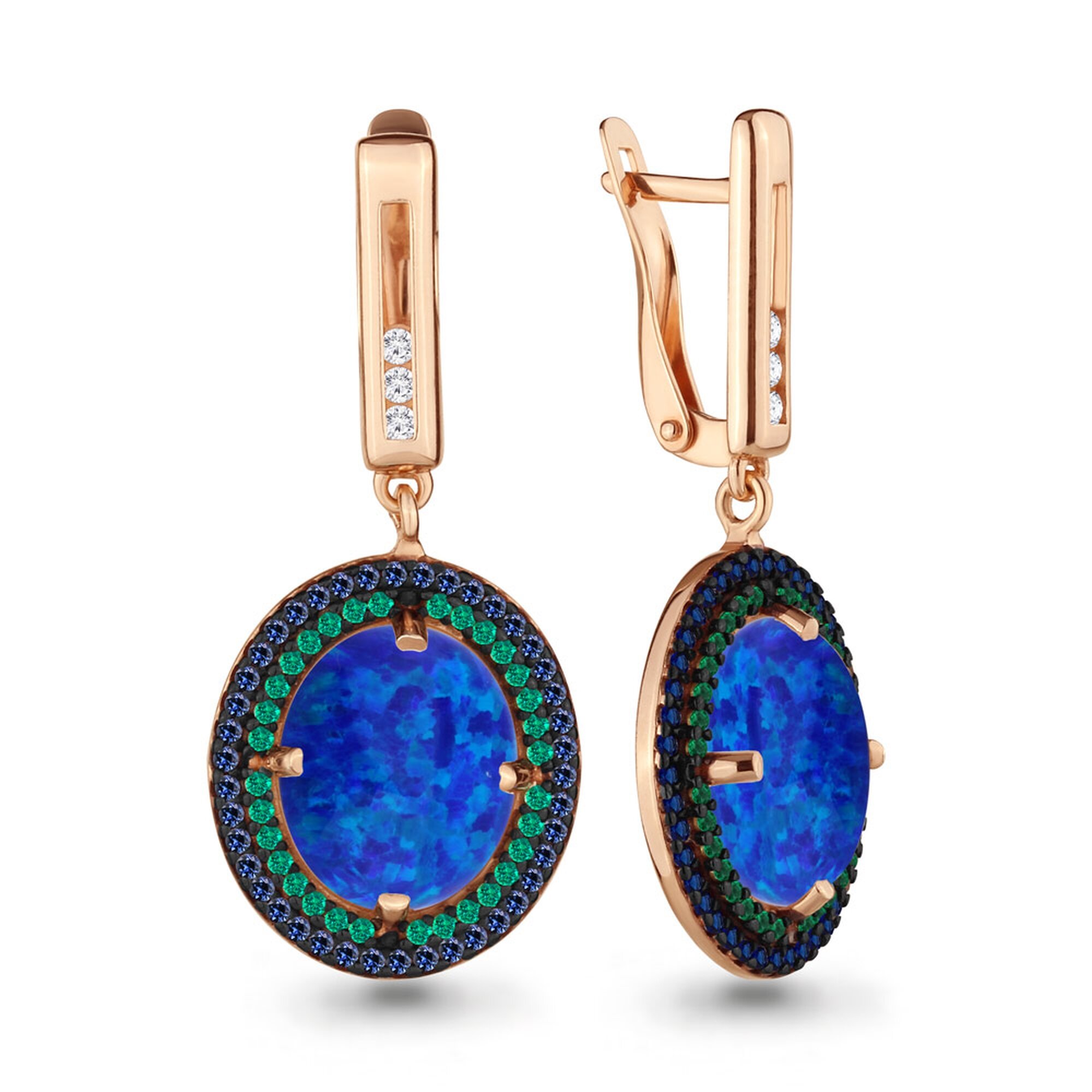 Серьги, серебро, 925 проба, золочение, сапфир синтетический, изумруд синтетический, фианит, опал