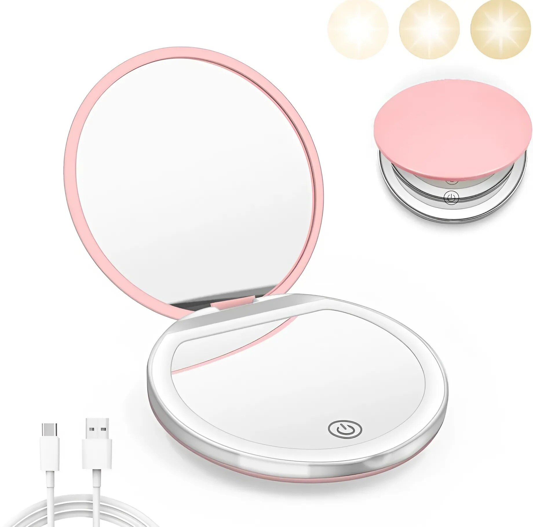 Зеркало с подсветкой для макияжа косметическое с увеличением, зеркальце карманное, цвет розовый