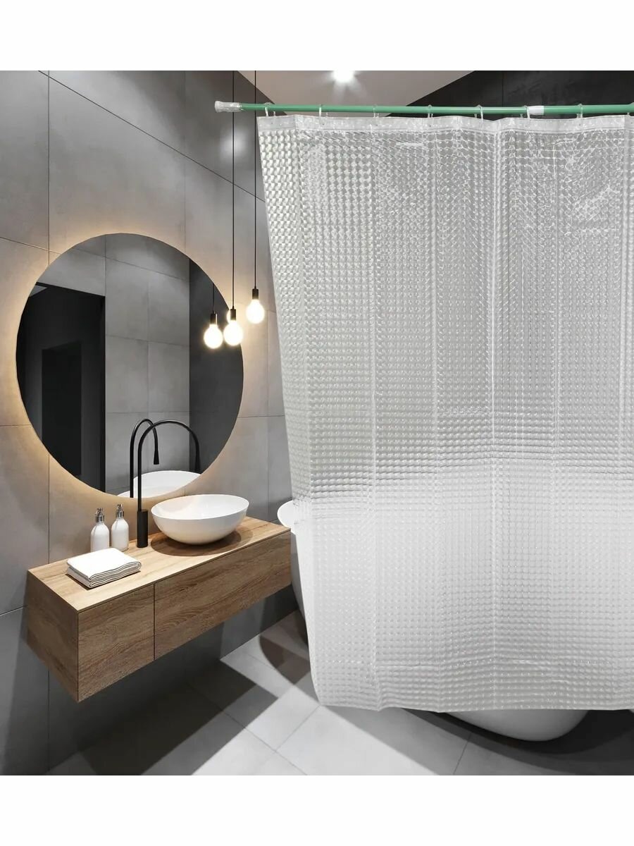 Штора для ванной 180х180 PEVA 30002 с кольцами Прозрачный 3D