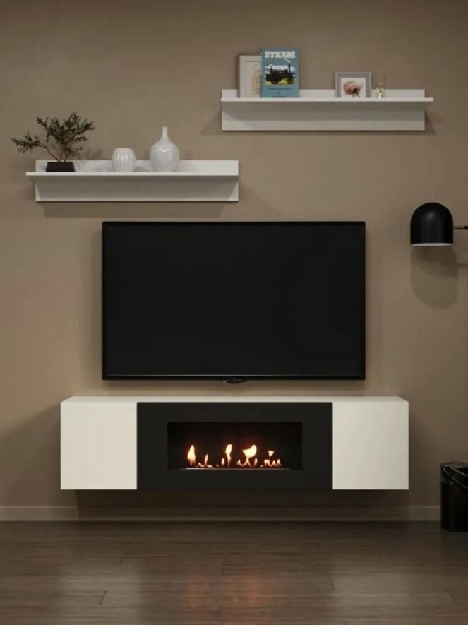Гостиная Поинт 60 с биокамином, с полками, Белый / Белый глянец