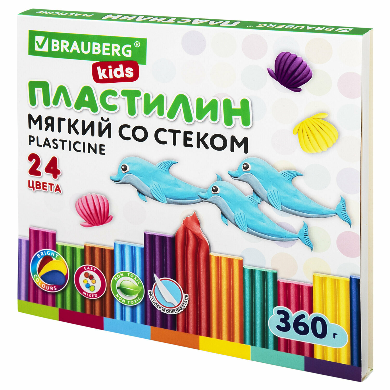 Пластилин восковой Brauberg мягкий, Kids, 24 цвета, 360 г, со стеком (106498)