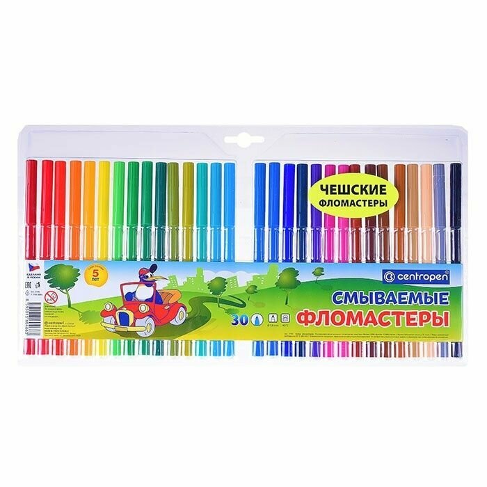 Фломастеры Centropen "Washable", 30 цветов, смываемые, блистер (7 7790 3085)