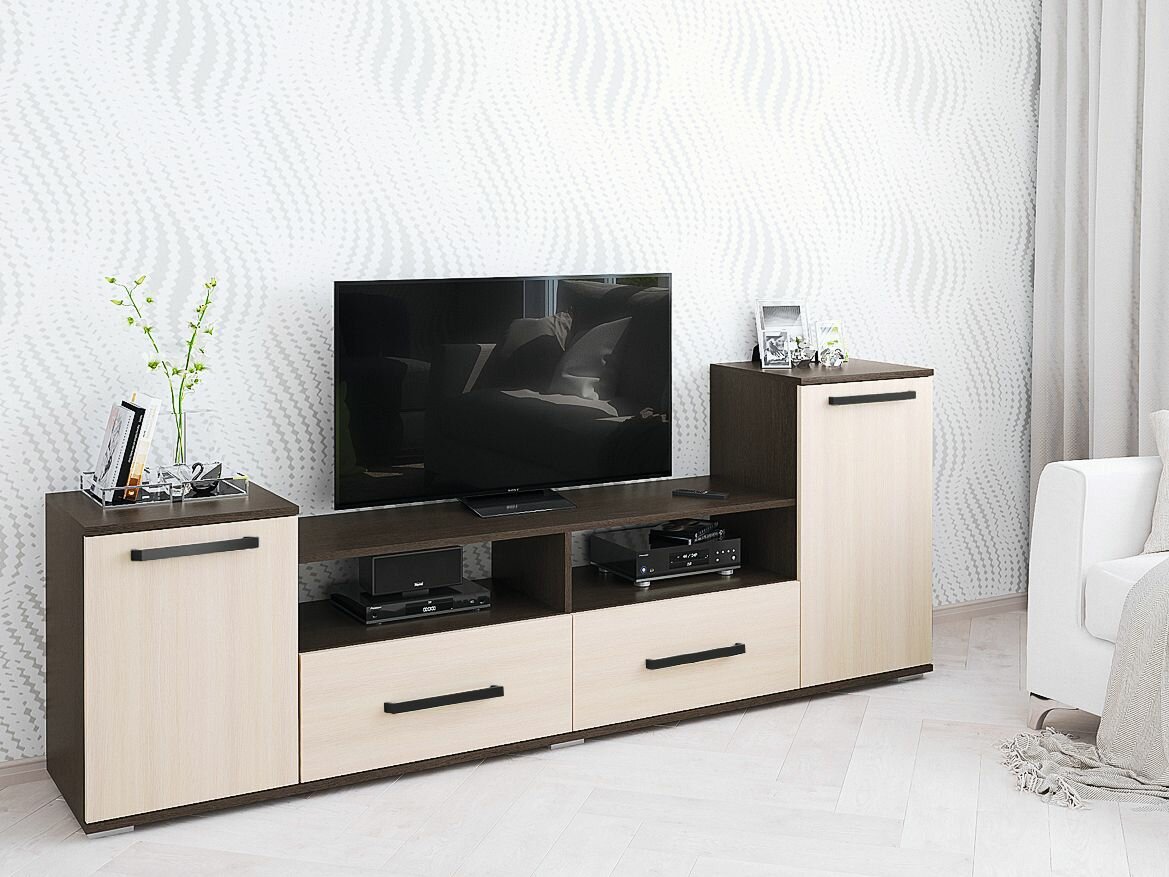 Тумба ТВ Парус-2 Венге Цаво/Дуб молочный ЛДСП с ящиками, полками, для гостиной, спальни 750х2000х375 тэкс